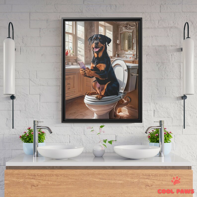 Funny Rottweiler Bathroom Art Print Dog in Toilet With Cell Phone ...