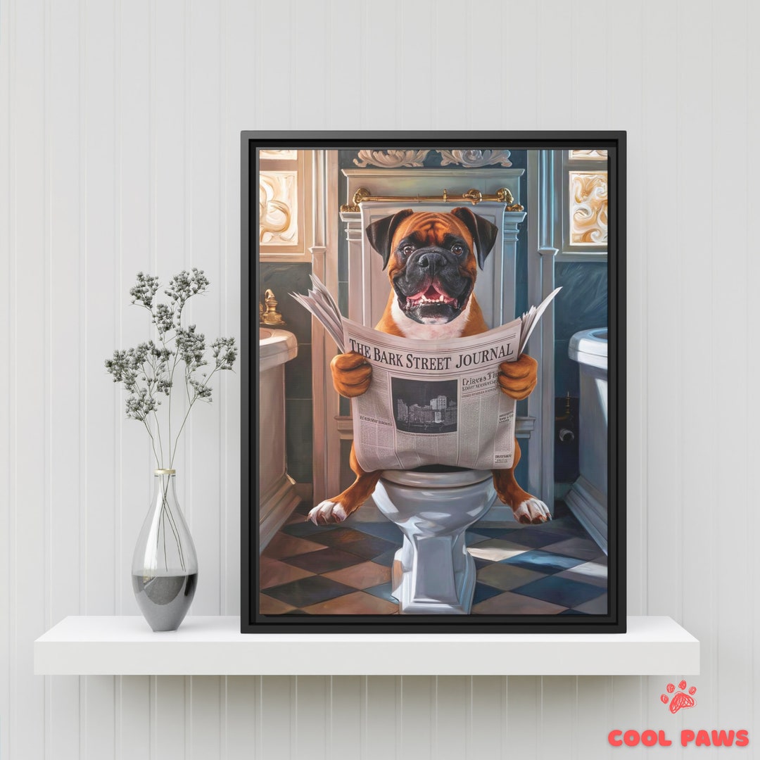 Cute Boxer Bathroom Art Print - Dog on Toilet Reading Newspaper - Funny ...
