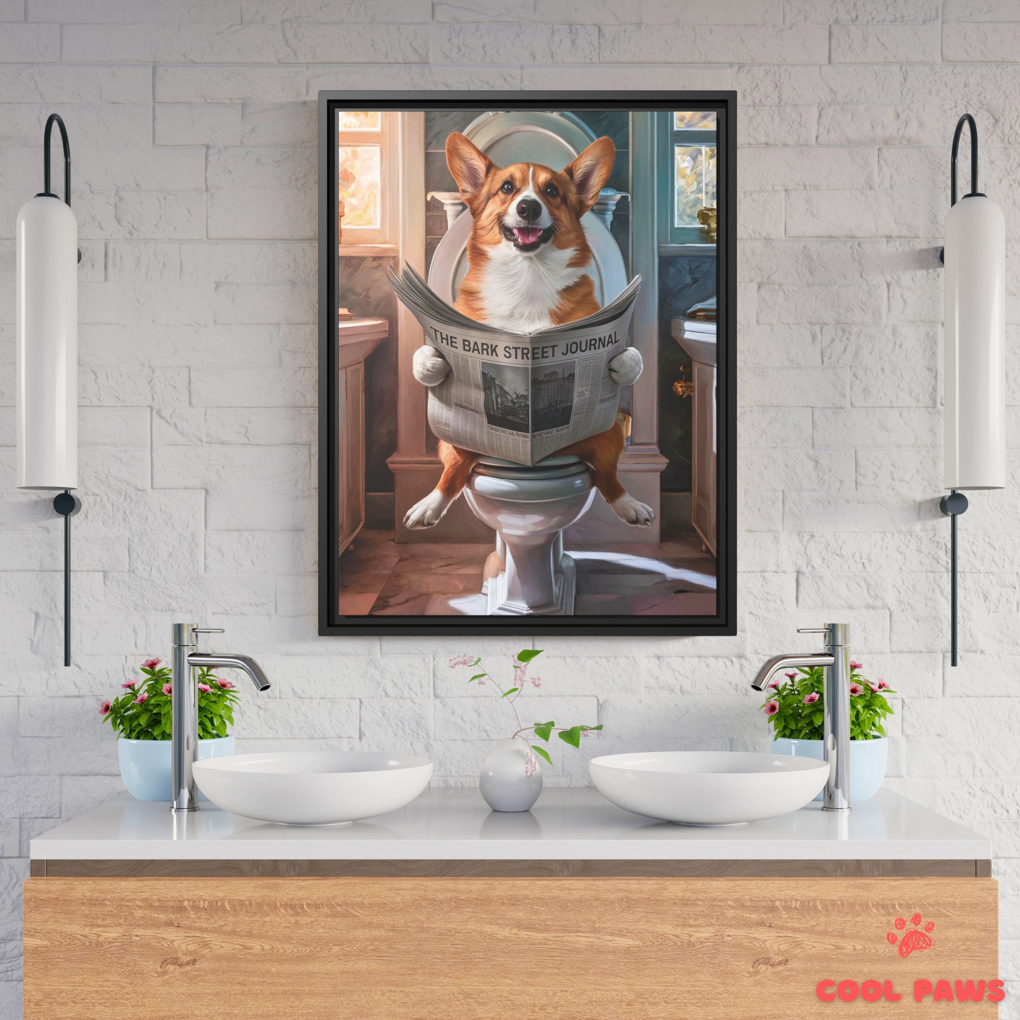 Cute Corgi Bathroom Art Print - Dog on Toilet Reading Newspaper - Funny ...