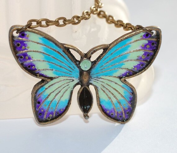 Items similar to Butterfly Necklace Art Jewelry Pendant blue & purple ...