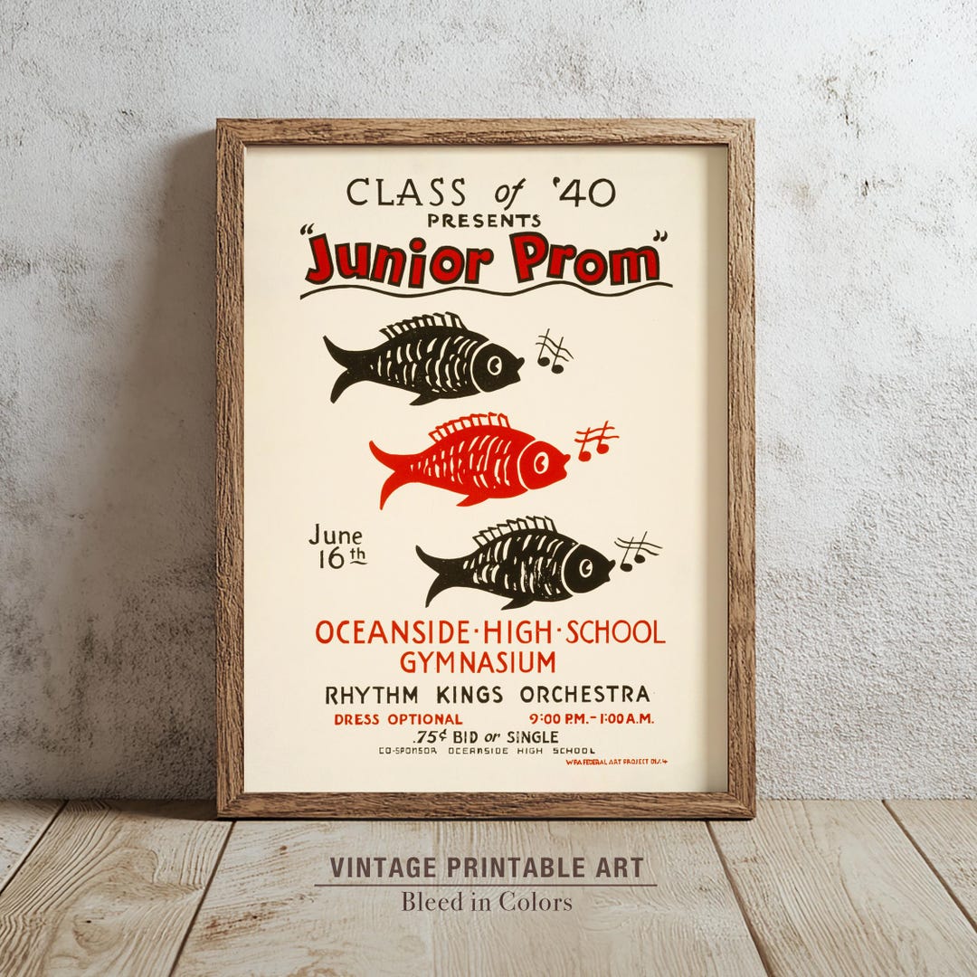 Vintage Prom Poster Print Download | Black & Red Fish Printable Wall ...