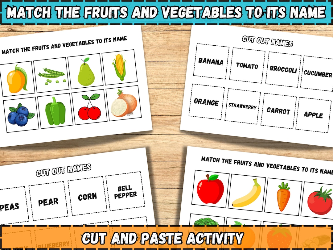Fruit & Vegetable Matching Activity for Kids Fun Cut and Paste Food ...