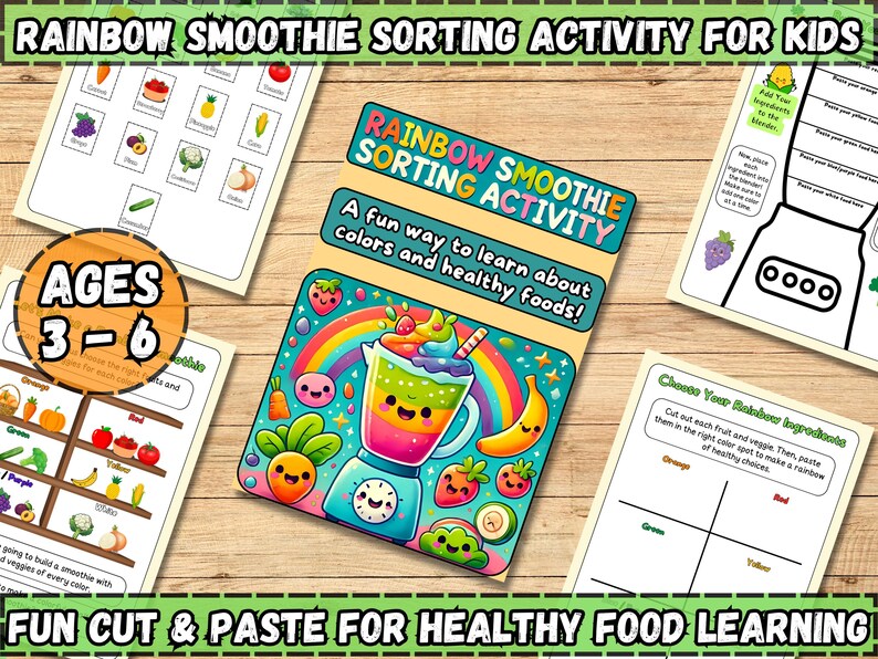 Rainbow Smoothie Sorting Activity for Kids Fun Cut & Paste for Healthy ...