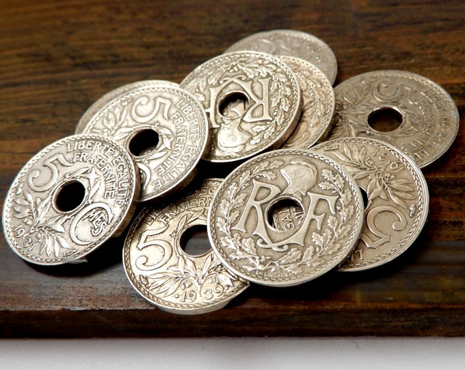 French Coins, 1930's, 5 Centimes, Real Coins, Circulated, Center Hole ...