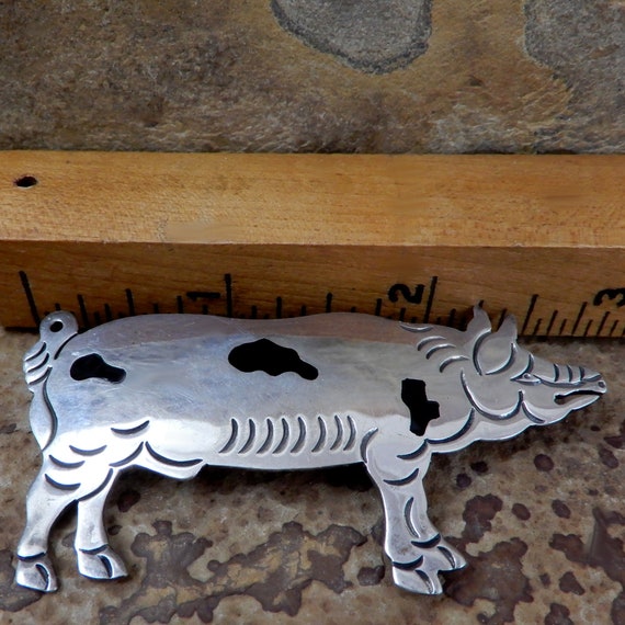 Pig Pendant Pin, Taxco Mexico, Hog Brooch, Sterling S… - Gem