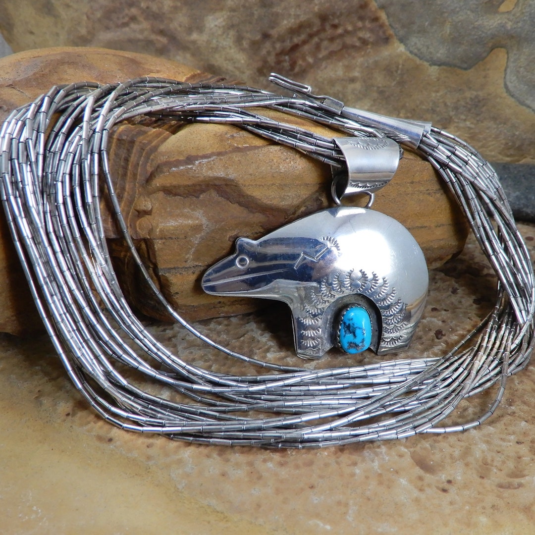 Navajo Sterling, Bear Necklace, Liquid Silver, Turquoise, Pendant, Signed AM, Alfred Martinez ...