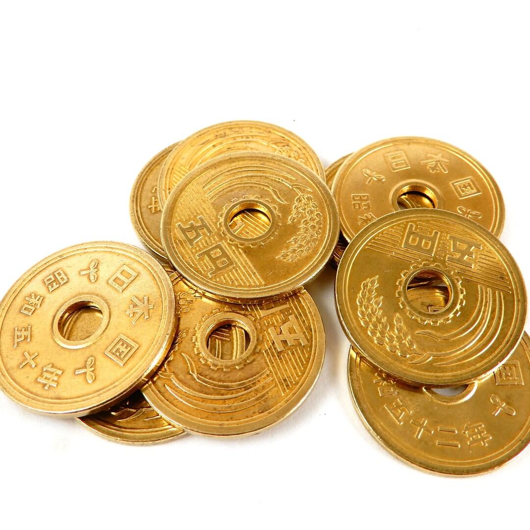 Real Japanese Coins, Cleaned, 10 Coins, Good Luck Coin, 5 Yen, Designed ...