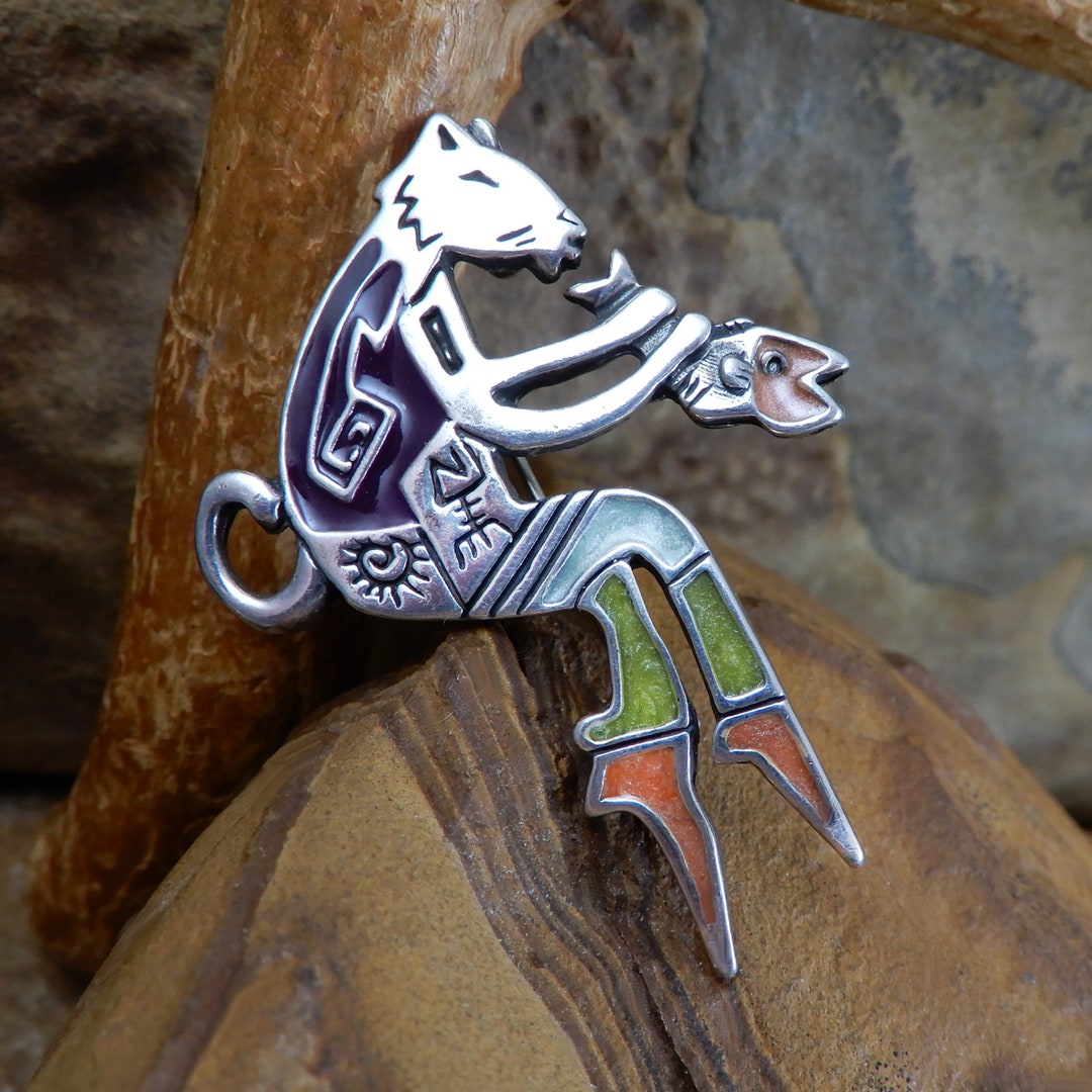 Kachina Pin Pendant, Robert Shields, Signed, Cat With Fish Flute ...