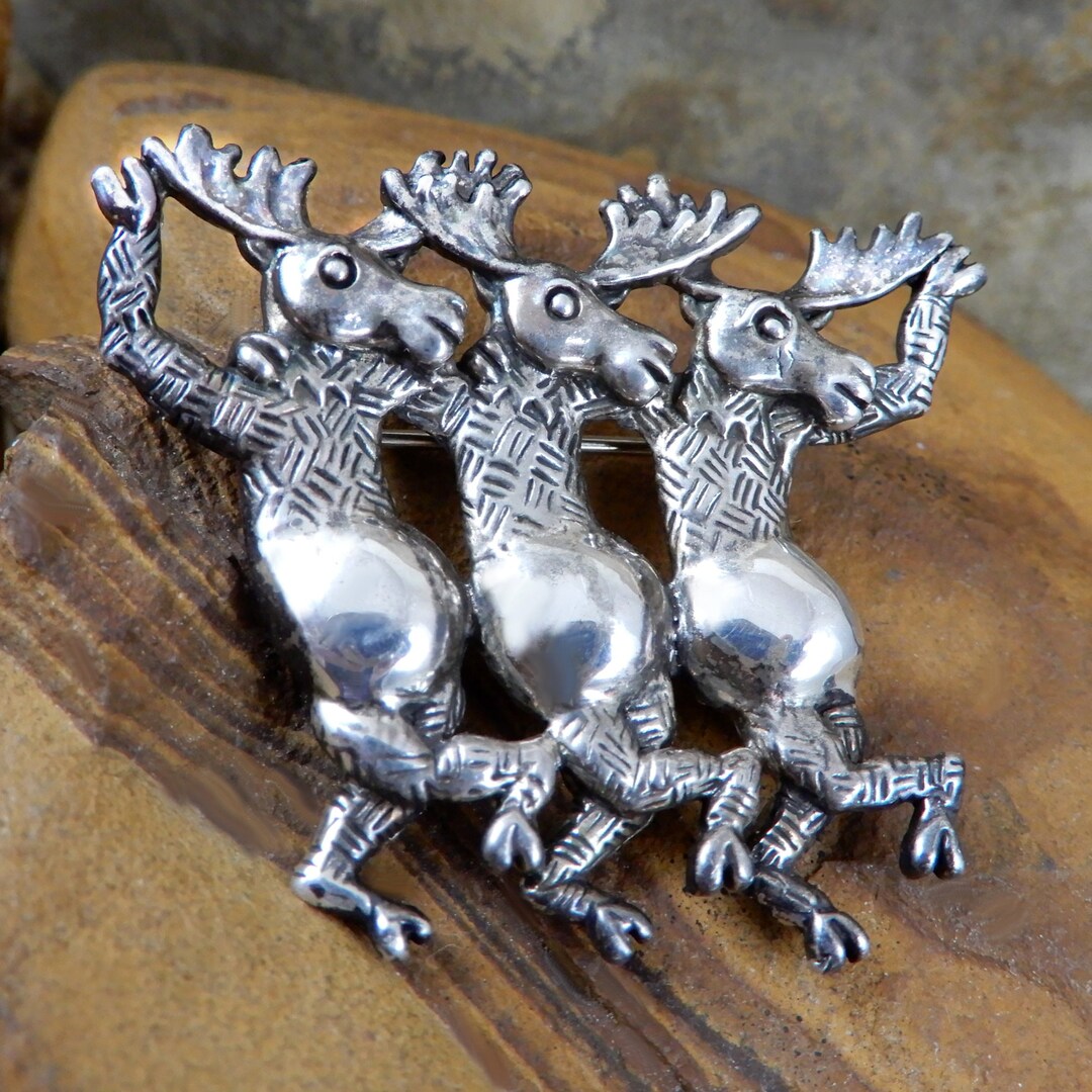 Moose Pin, Carol Felley, 3 Dancing Moose, Sterling Vintage, Happy ...