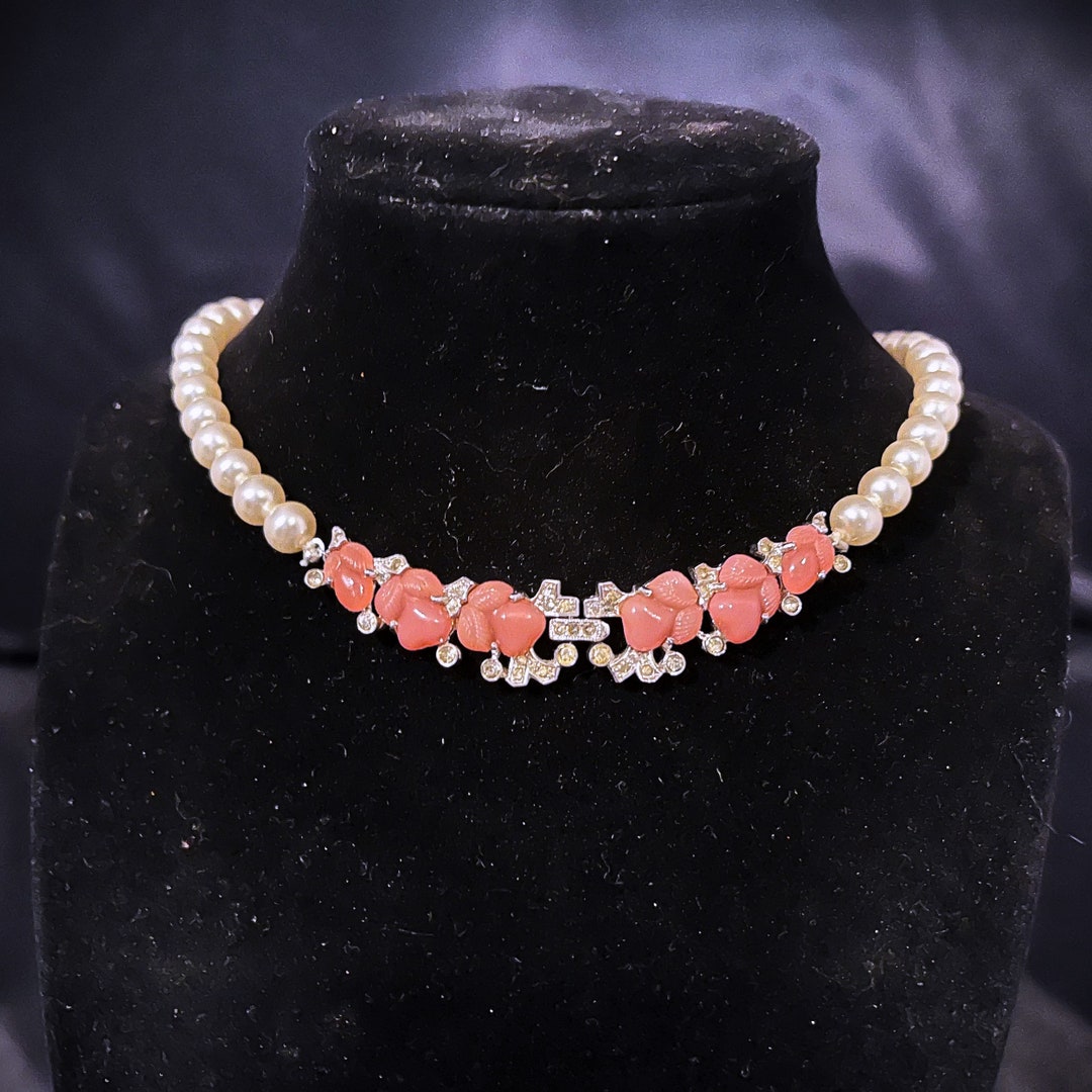 Vintage Crown Trifari Necklace Cream Pearls Pink Flower Glass Stones ...
