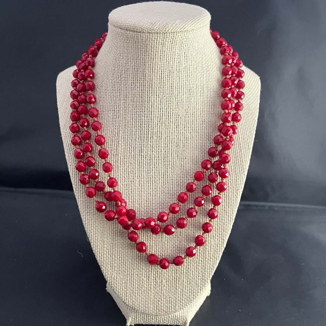 Very Long Vintage Necklace Single Strand Deep Red Glass Beads ...
