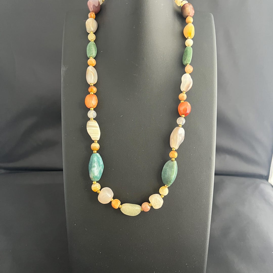 Vintage Multi Stone Bead Necklace Pastel Gemstone Look Agate Quartz ...