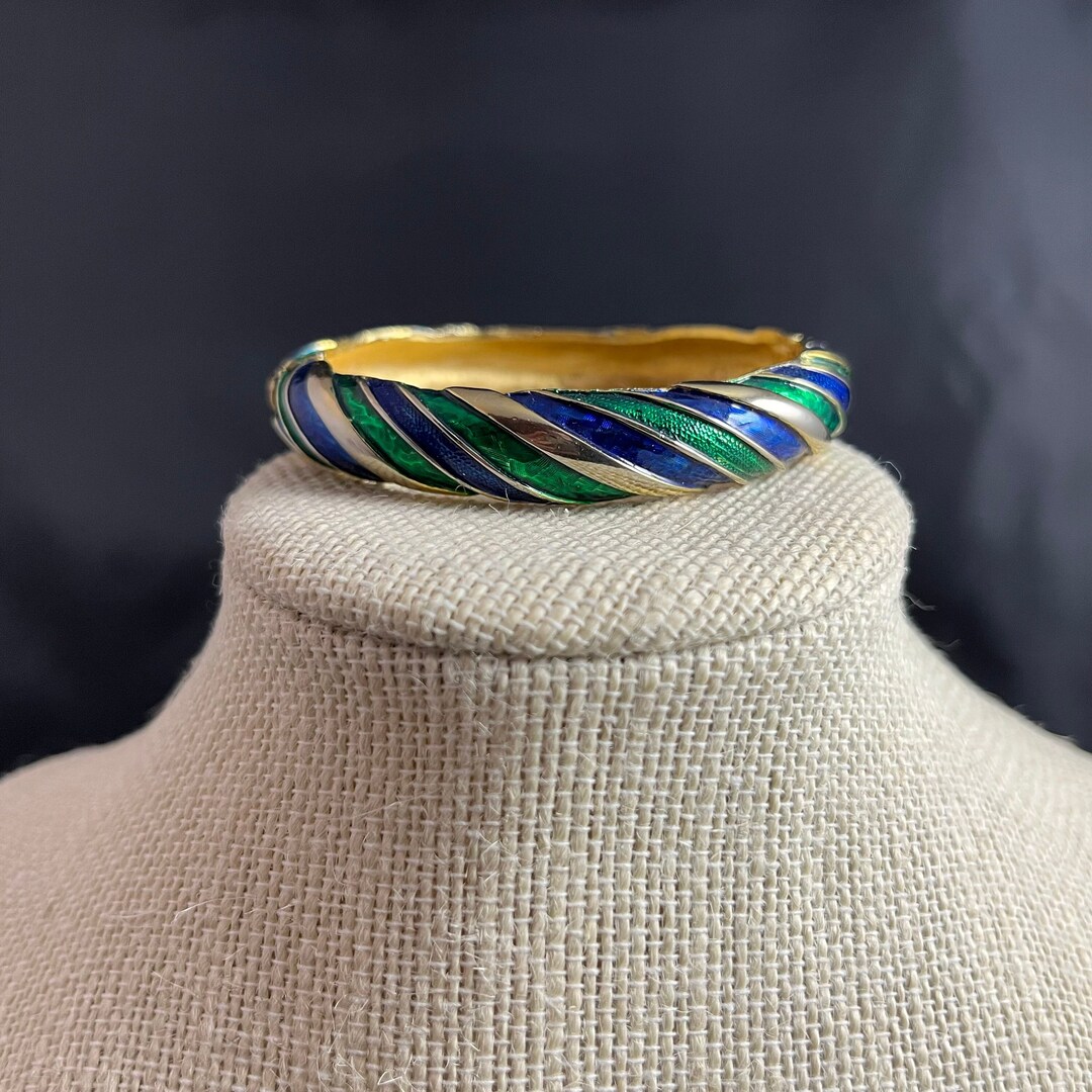 Boucher Bracelet 8641B Blue Emerald Green Enamel Stripes Gold Tone ...