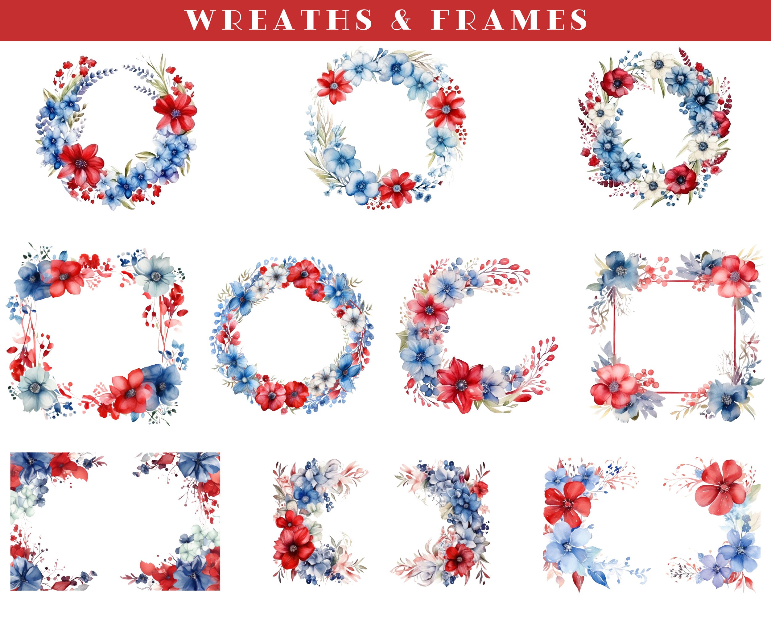 Patriotic Floral Clipart | Watercolor Red, White, and Blue Floral ...