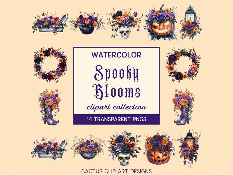 Watercolor Halloween Floral Clipart: Spooky Flower PNG Images (300 DPI ...