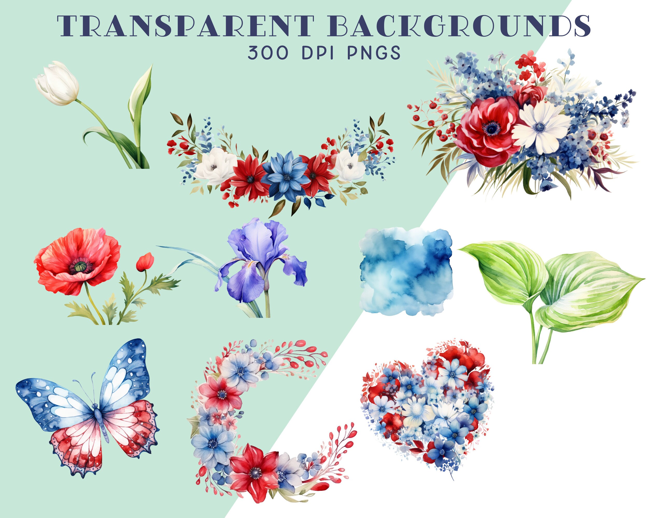Patriotic Floral Clipart | Watercolor Red, White, and Blue Floral ...