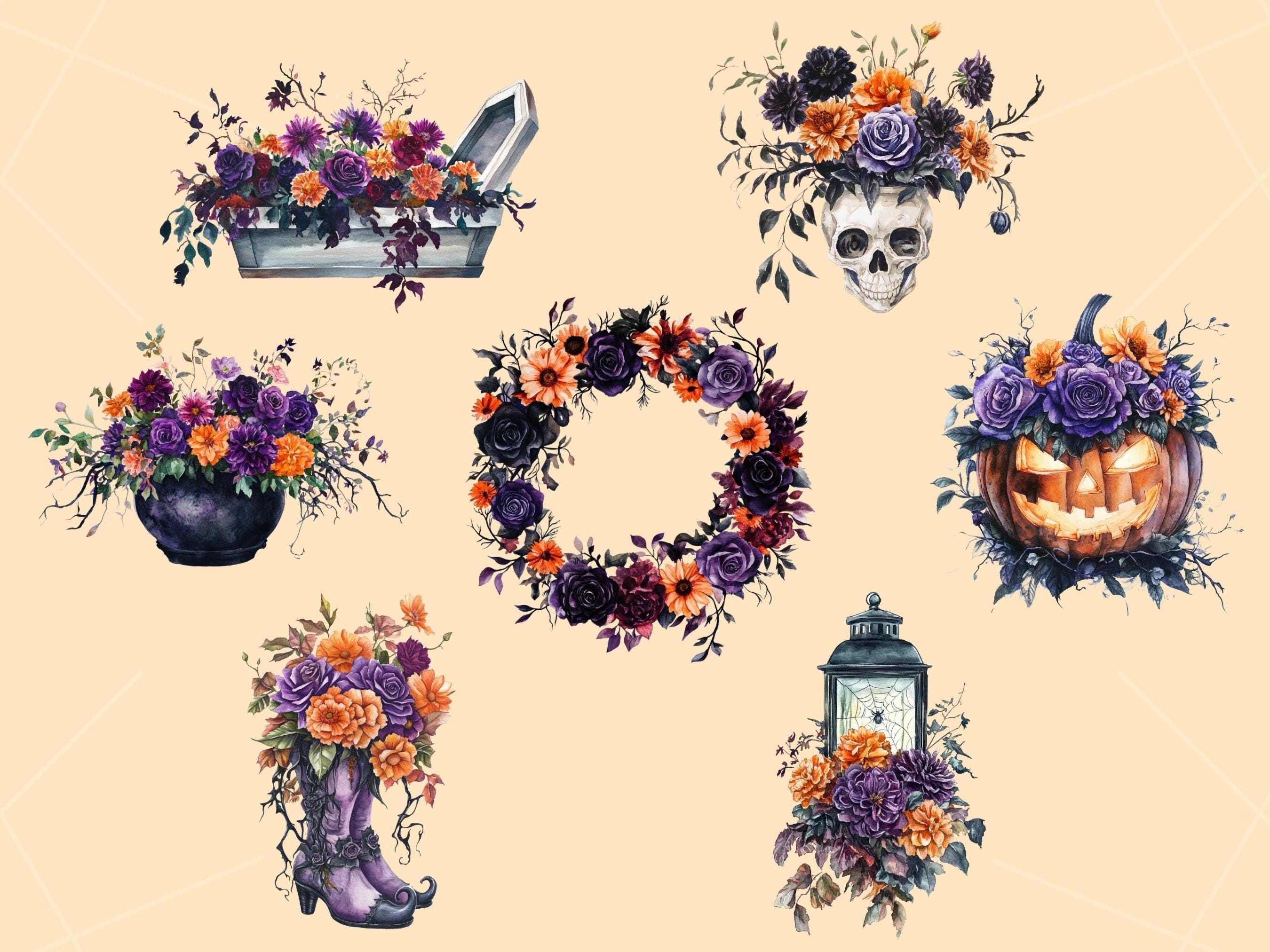 Watercolor Halloween Floral Clipart: Spooky Flower PNG Images (300 DPI ...