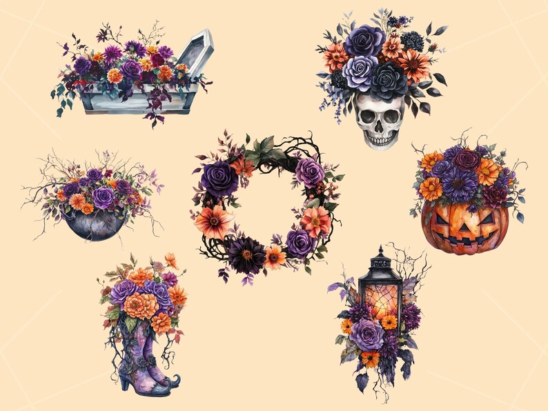 Watercolor Halloween Floral Clipart: Spooky Flower PNG Images (300 DPI ...