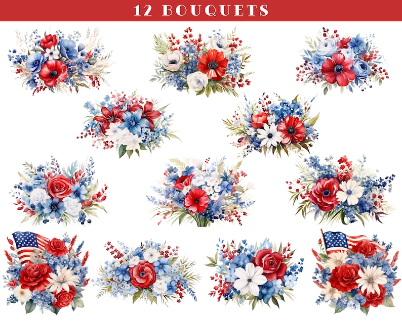 Patriotic Floral Clipart | Watercolor Red, White, and Blue Floral ...