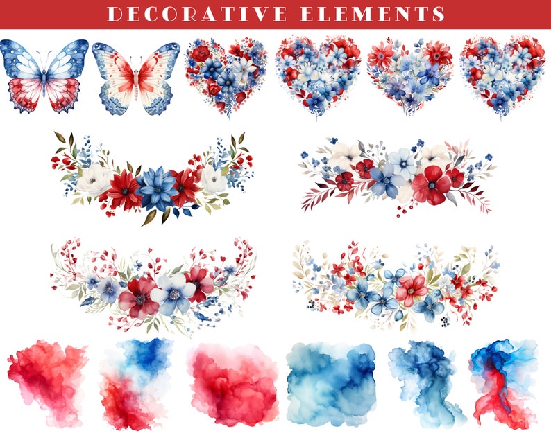 Patriotic Floral Clipart | Watercolor Red, White, and Blue Floral ...