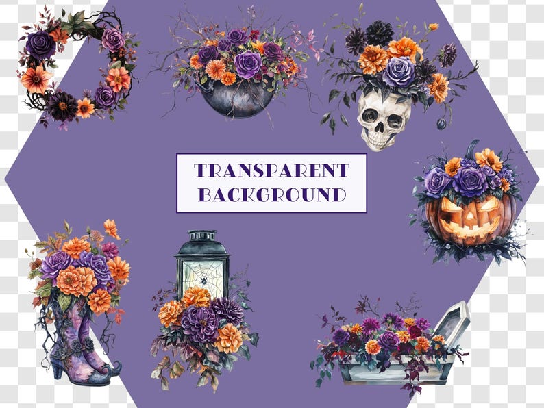 Watercolor Halloween Floral Clipart: Spooky Flower PNG Images (300 DPI ...