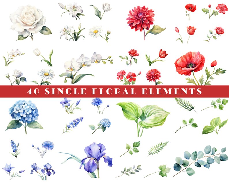 Patriotic Floral Clipart | Watercolor Red, White, and Blue Floral ...