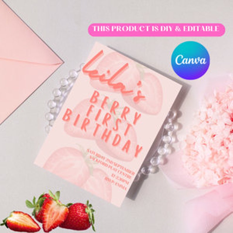 Berry First Birthday Invitation, Digital Invitation, Customisable and ...