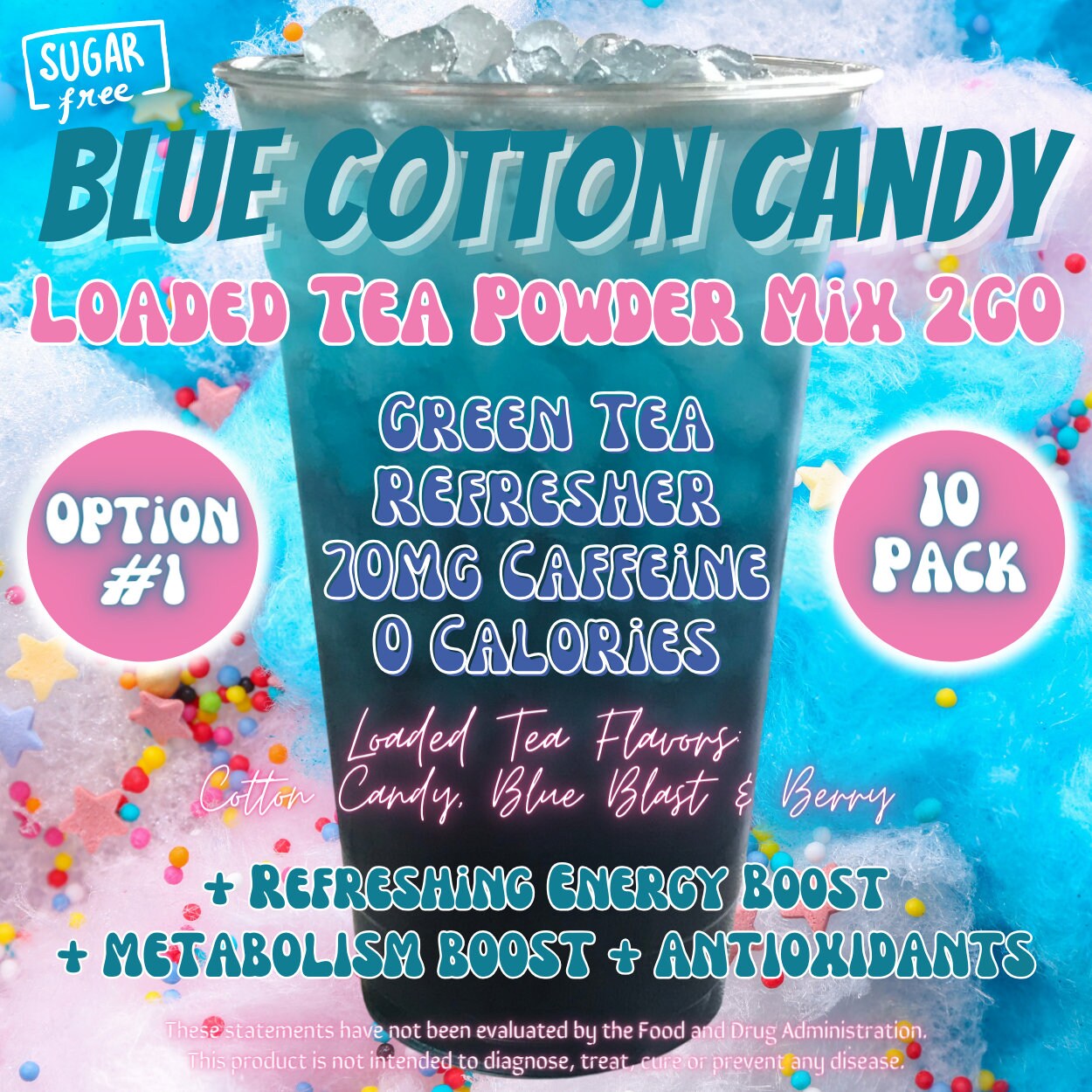 Loaded Tea Powder Energy Drink Mix Packets: Blue COTTON CANDY 3 Options ...