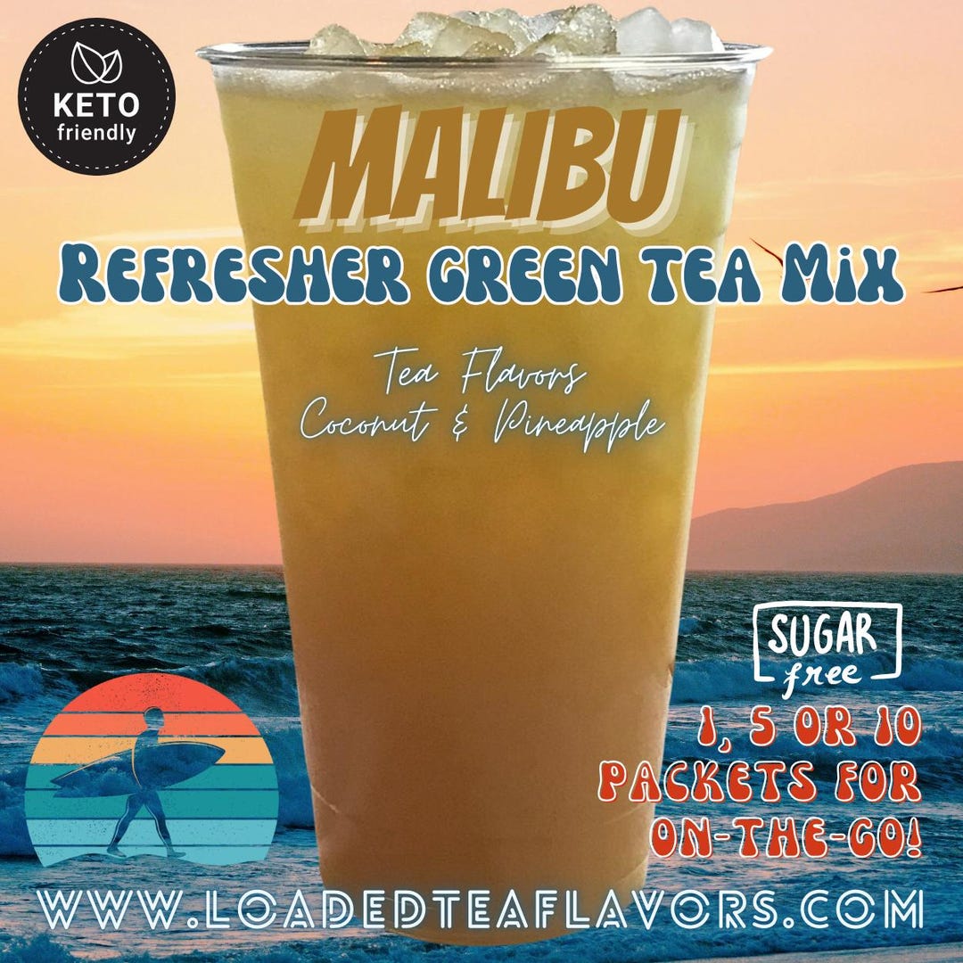 Refresher Tea Keto Energy Drink Mix Packets: MALIBU Zero Calorie Sugar ...