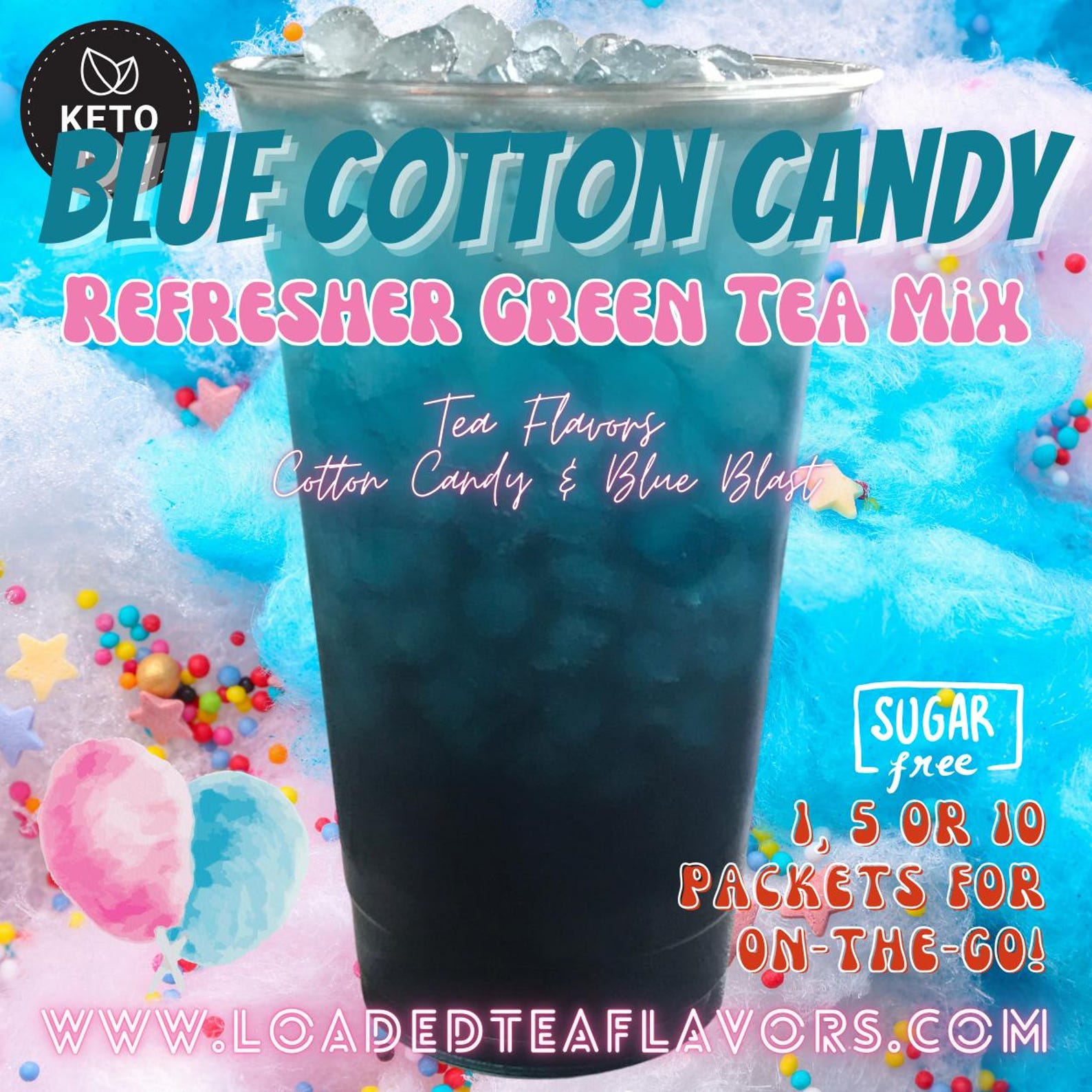 Refresher Tea Keto Energy Drink Mix Packets: BLUE COTTON CANDY Sugar ...