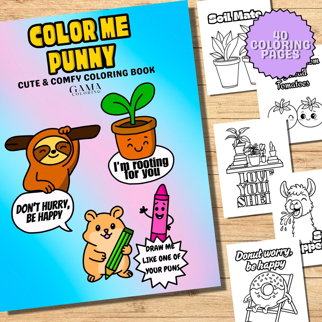40 Punny Coloring Pages - Adult Coloring Book, Digital Coloring Sheets ...