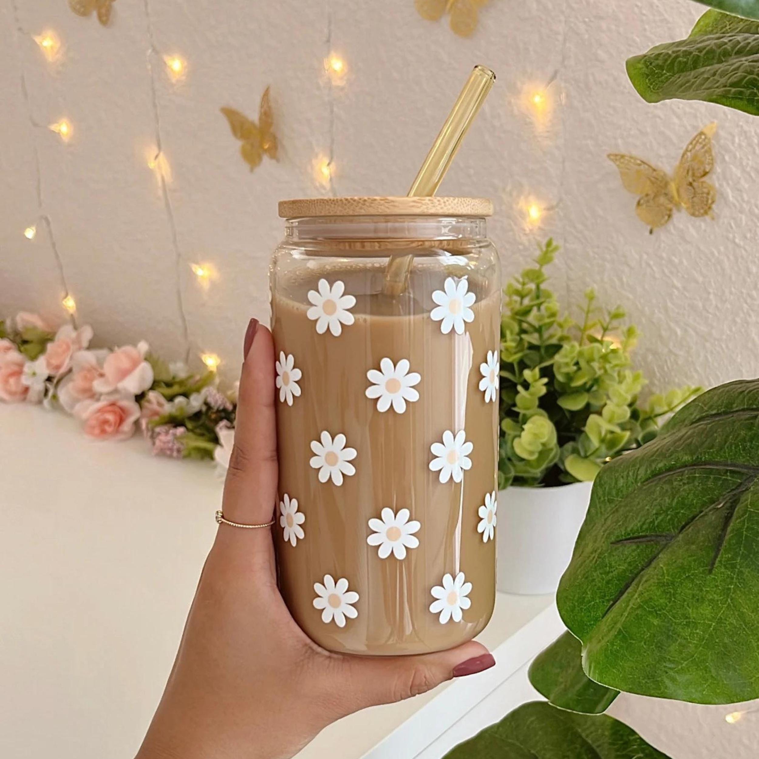 Daisy Iced Coffee Glass Cup Spring Floral Glass Cup With Bamboo Lid and ...