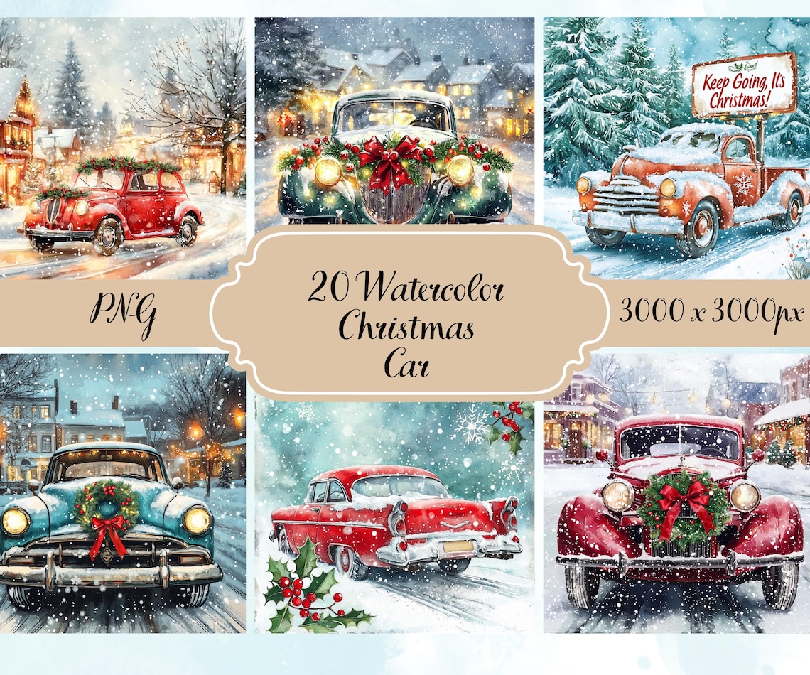 20 PNG Watercolor Christmas Car Clipart – Digital Download, Vintage ...