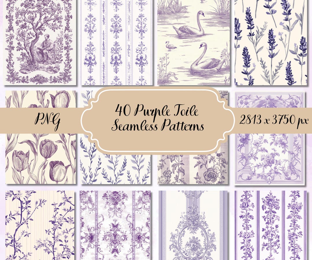 40 PNG Purple Toile Seamless Patterns Vintage Floral Digital Download ...