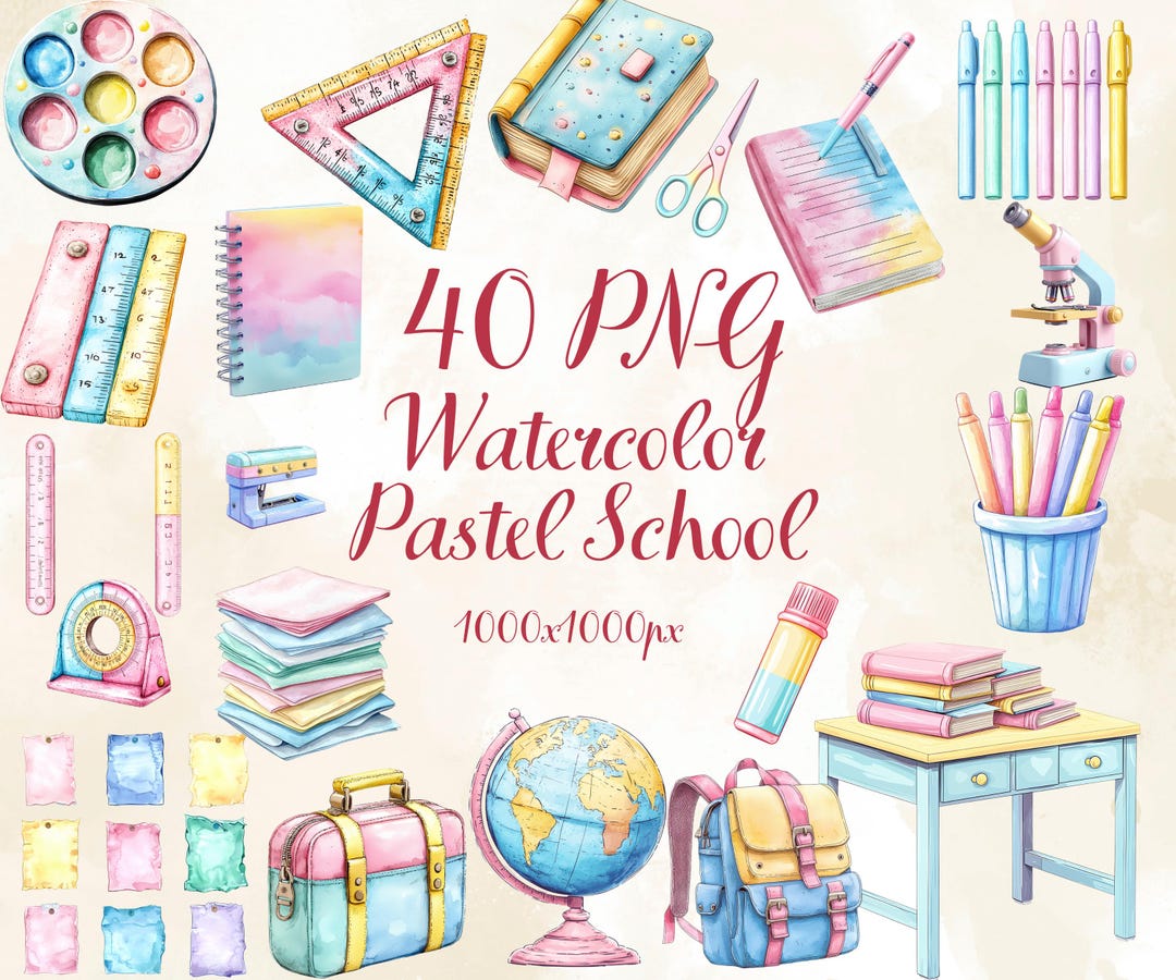 40 Pastel School Clipart – PNG Digital Download, Back to School, Cute ...