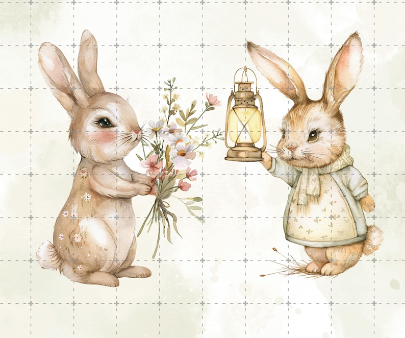 Vintage Bunny Watercolor Clipart Bundle, 50 PNG Easter Rabbit ...