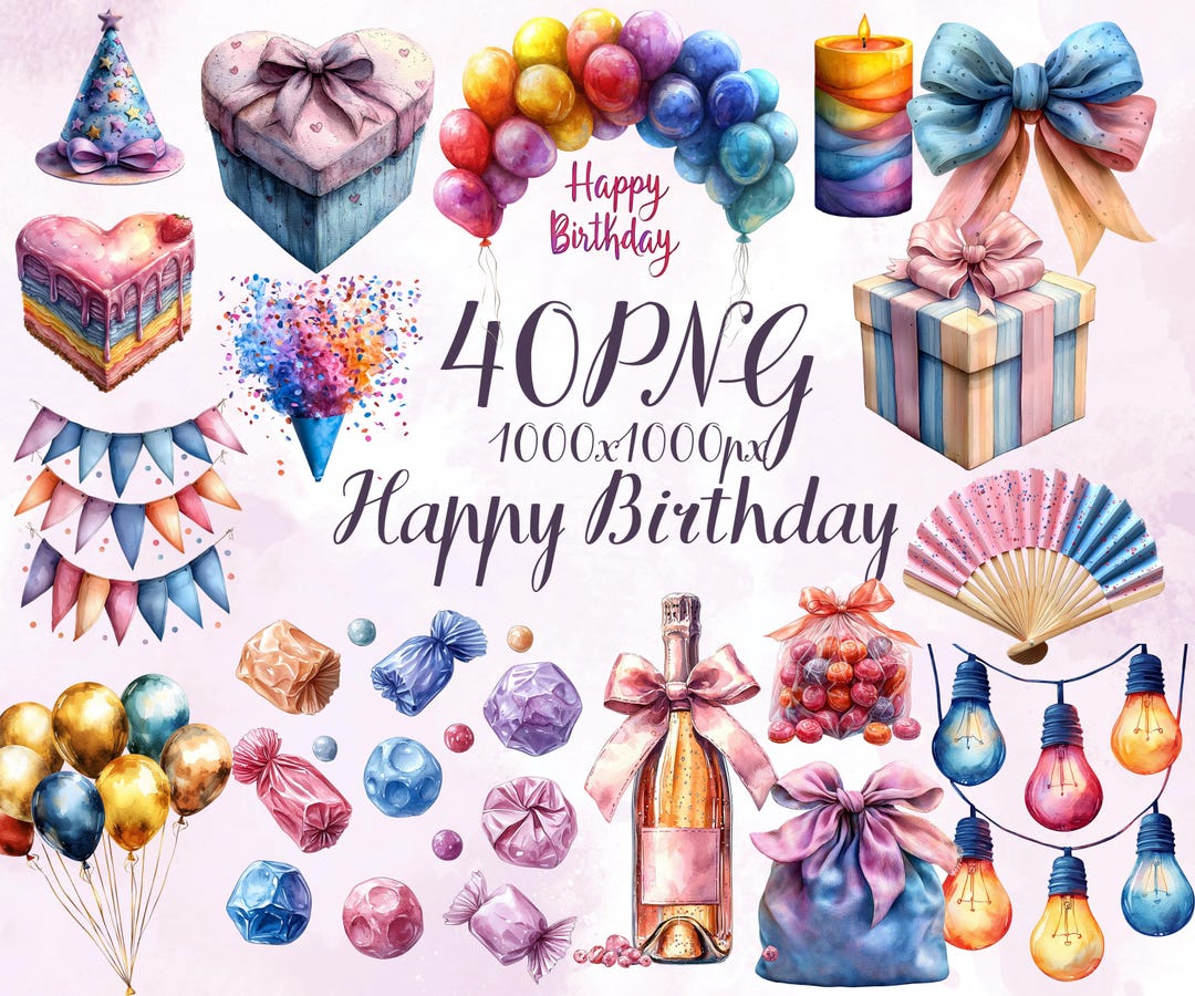 40 PNG Pastel Birthday Clipart Bundle: Birthday Party Digital Download ...