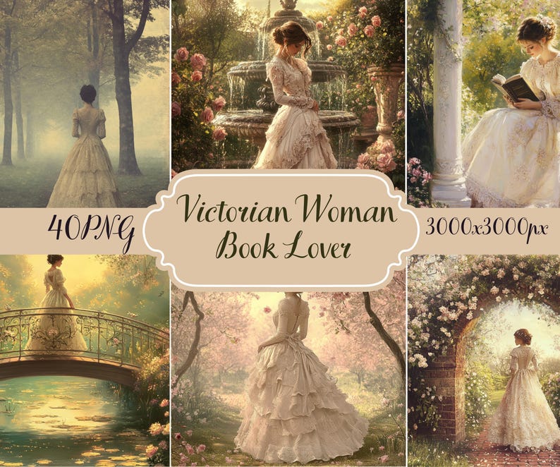 40 PNG Victorian Woman Clipart Vintage Book Lover Set - Etsy