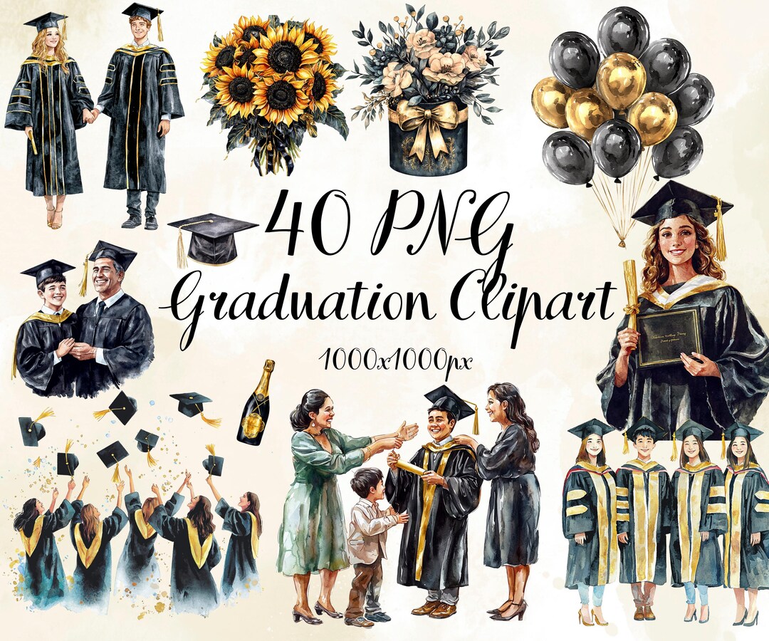 Graduation Clipart Bundle: 40 PNG Grad Cap & Diploma Digital Download ...