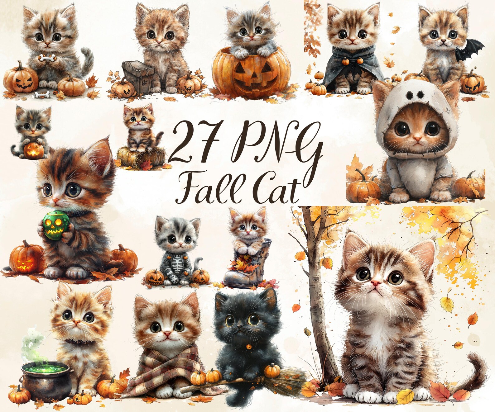 27 Fall Cat Clipart – PNG Digital Download, Watercolor Autumn Cats ...