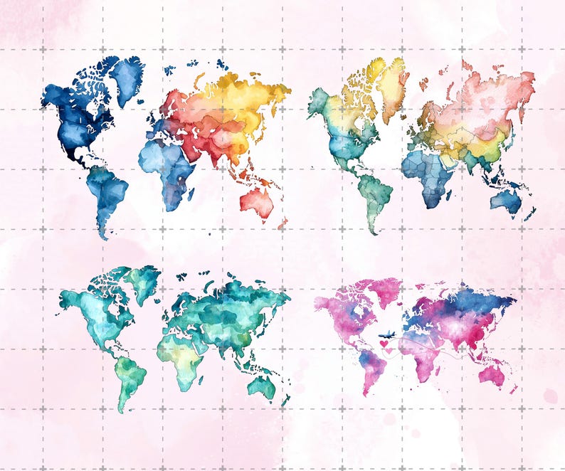 Watercolor World Map Clipart PNG, 25 Global Maps, Travel & Geography ...