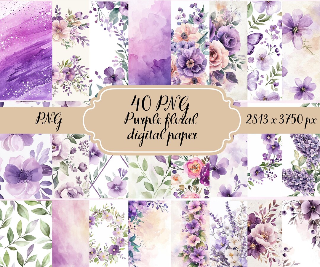 40 Watercolor Purple Floral Digital Paper – Wedding Scrapbook (PNG ...