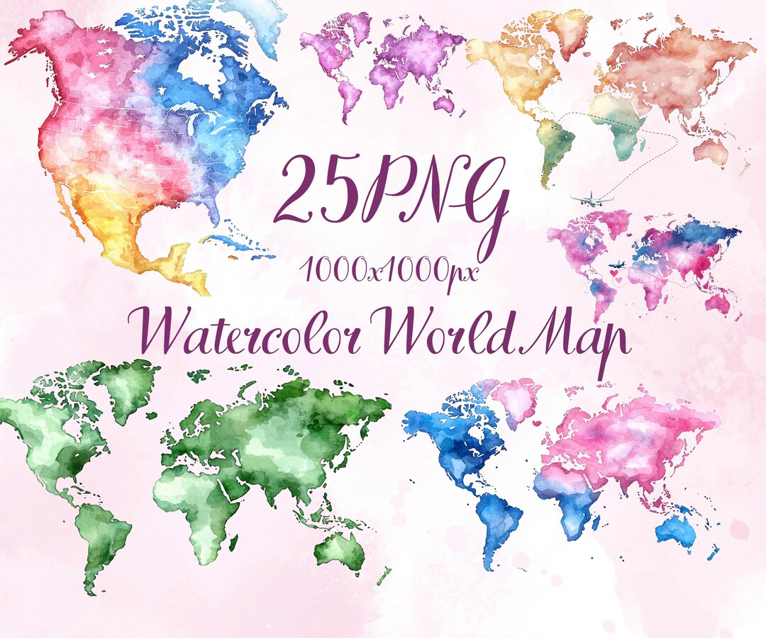 Watercolor World Map Clipart PNG, 25 Global Maps, Travel & Geography ...