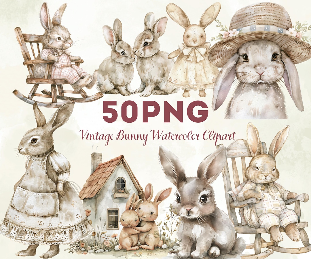Vintage Bunny Watercolor Clipart Bundle, 50 PNG Easter Rabbit ...
