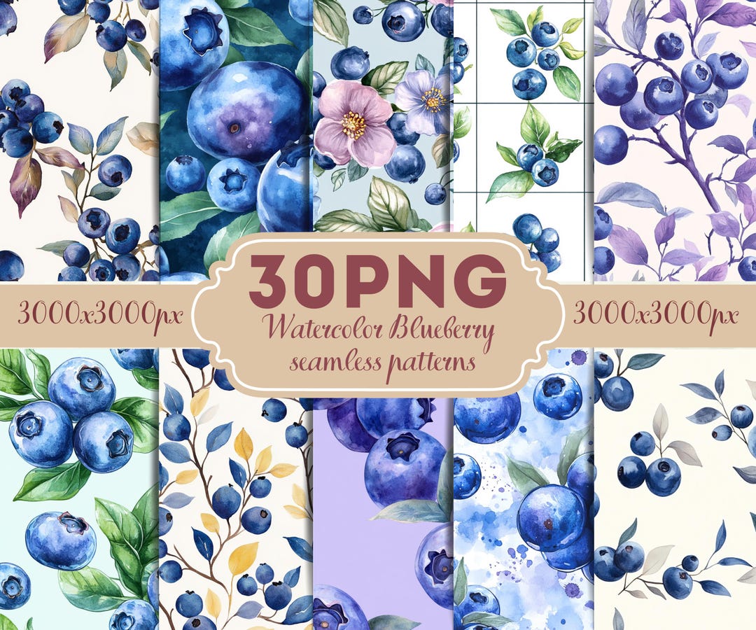 Blueberry Seamless Patterns PNG, Watercolor Fruit Digital Paper ...