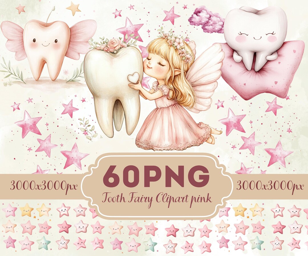 Tooth Fairy Clipart PNG Set, Watercolor Teeth Characters, Kids Dental ...