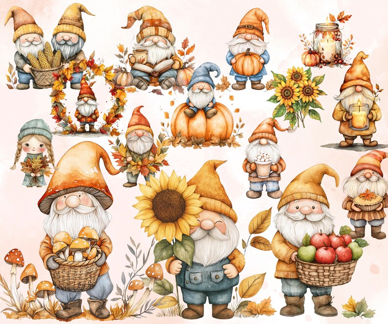 Watercolor Fall Gnomes Clipart – 40 PNG Autumn Graphics (digital ...