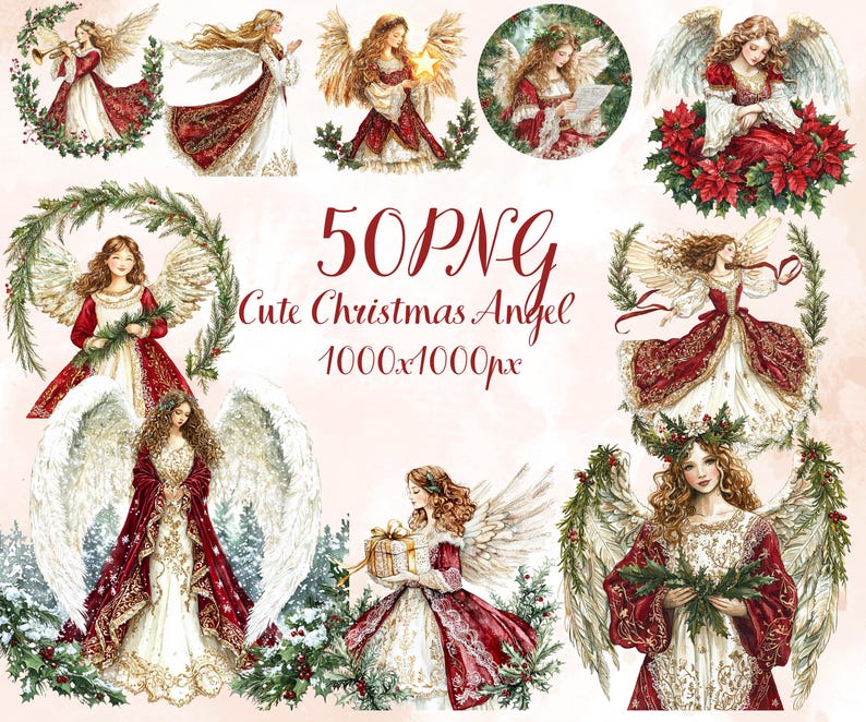 50 PNG Cute Christmas Angel Clipart – Digital Download, Watercolor ...