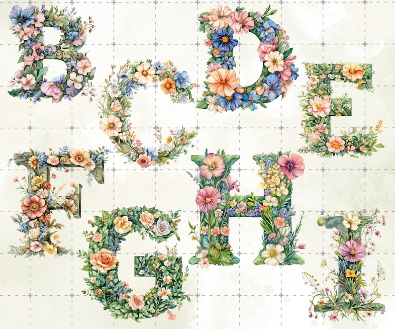 Floral Alphabet PNG, Watercolor Letters A-Z, Botanical Monogram Clipart ...