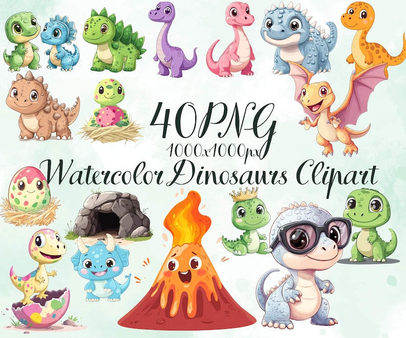 40 Watercolor Dinosaur Clipart PNG, Dino Illustrations, Kids Nursery - Etsy